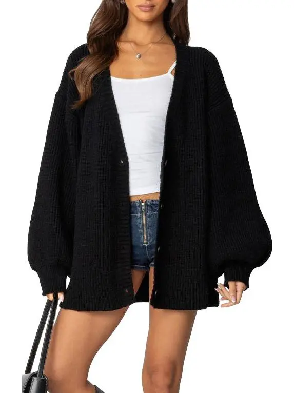 EDIKTED Mathilde Oversize V-neck Blouson Cardigan - Black