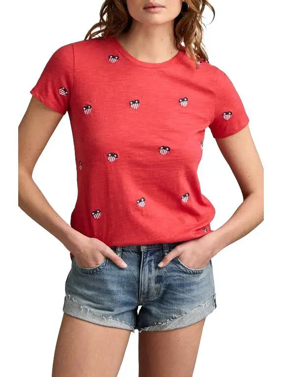 Lucky Brand Heart Flag Embroidered Cotton T-shirt - Red Multi