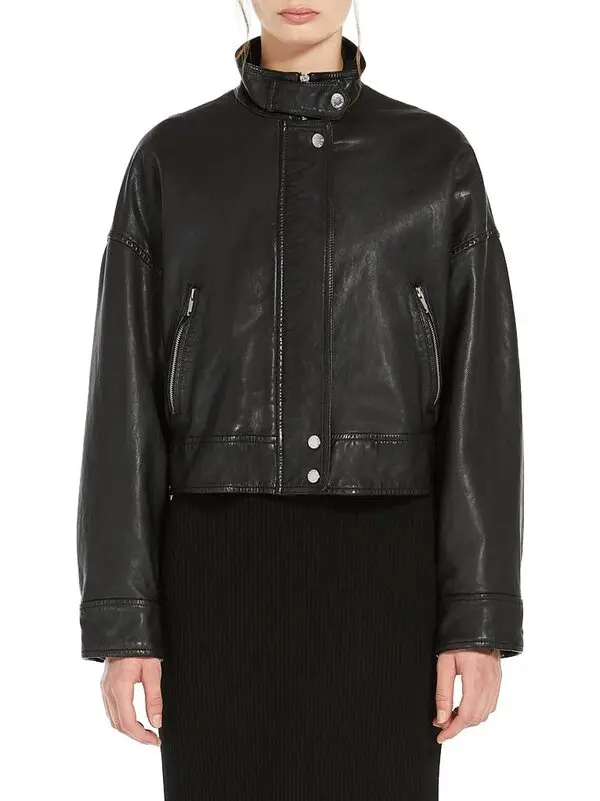Max Mara Leather Jacket With Stand Collar - Black