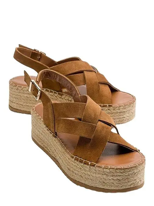 FOREVER & ALWAYS SHOES Lontano Suede Leather Platform Sandal - Cognac Brown Suede Leather