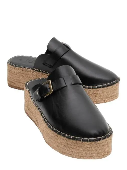 FOREVER & ALWAYS SHOES Novas Leather Platform Espadrille Mules - Black Leather