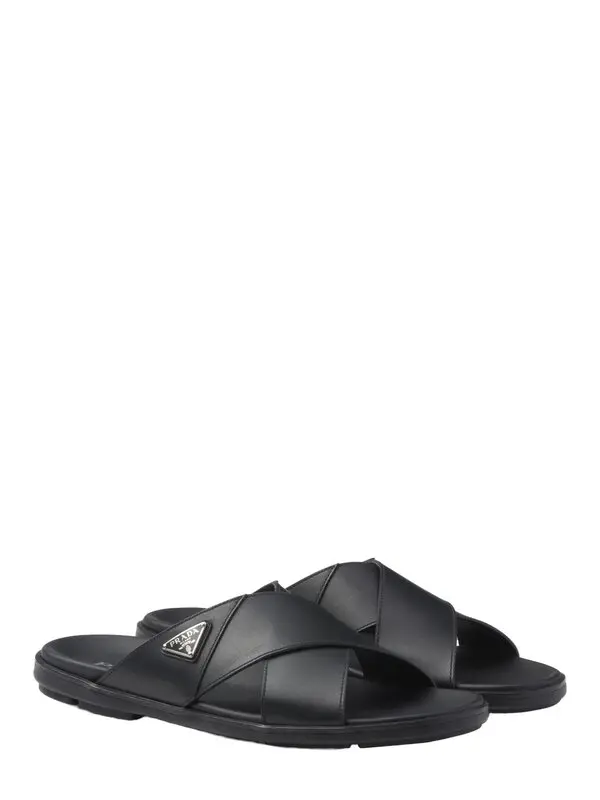 Prada Leather Crisscross Slides - Black