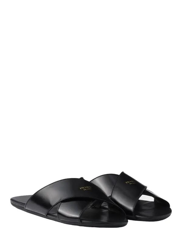 Prada Brushed Leather Slides - Black