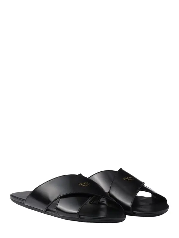 Prada Brushed Leather Slides - Black