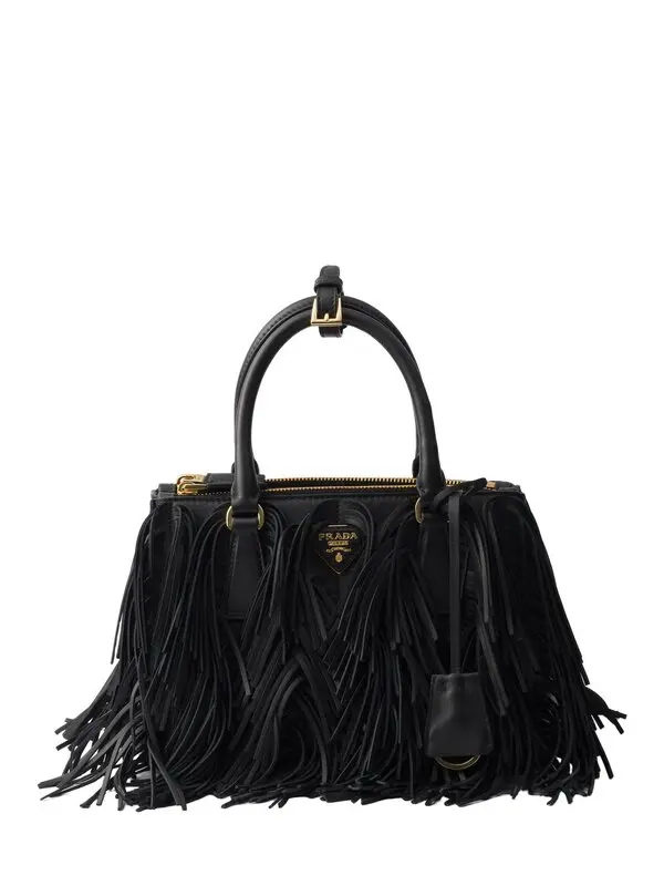 Prada Galleria Small Leather Handbag With Fringe - Black
