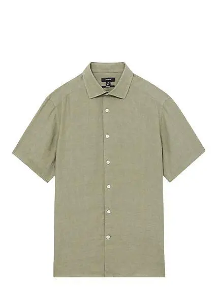 REISS Holiday Short-sleeved Linen Shirt - Thyme Green