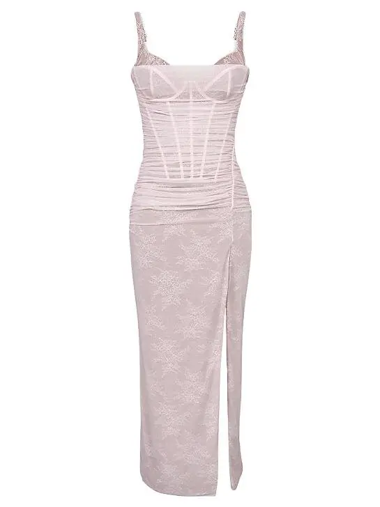 House Of Cb Lini Corset-bodice Stretch-mesh Maxi Dress - Baby Pink