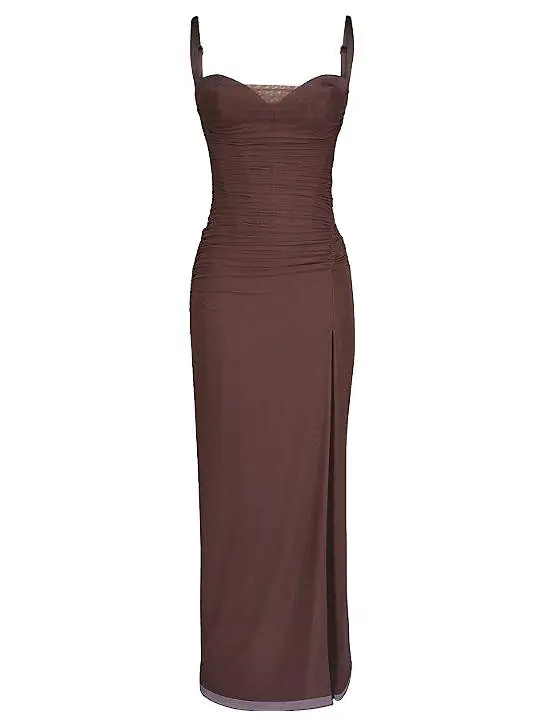 House Of Cb Lini Corset-bodice Stretch-mesh Maxi Dress - Burgundy