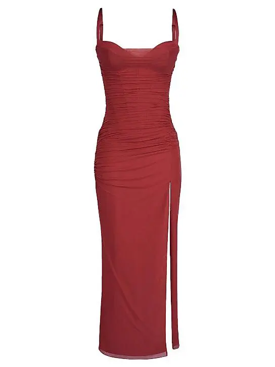 House Of Cb Lini Corset-bodice Stretch-mesh Maxi Dress - Red