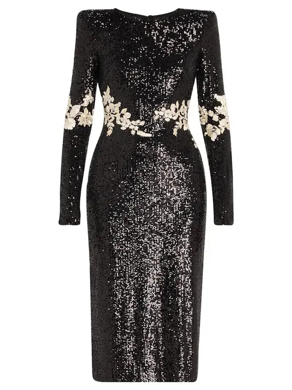 Naeem Khan Floral Applique Sequined Midi Dress - Black White