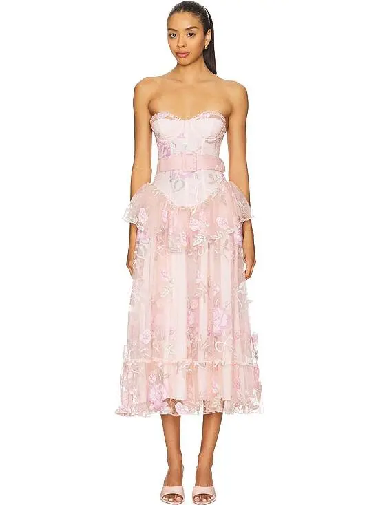For Love & Lemons Emmeline Embroidery Midi Dress - Pink