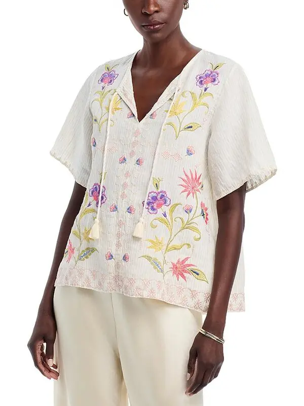 Johnny Was Embroidered Split Neck Top - Elordi Stripe