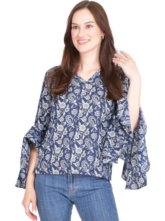 RAAS Emilia Paisley Print Cotton Top - Blue