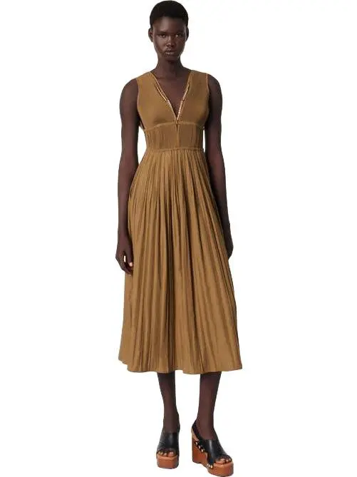 Maje Sleeveless Pleated Maxi Dress - Khaki