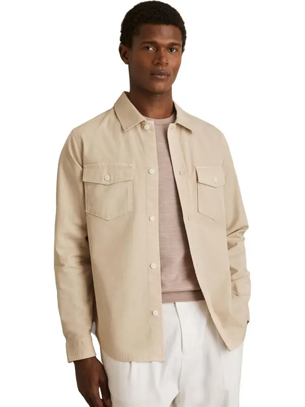 REISS Malaki Cotton Twill Twin Pocket Overshirt With Stretch - Stone