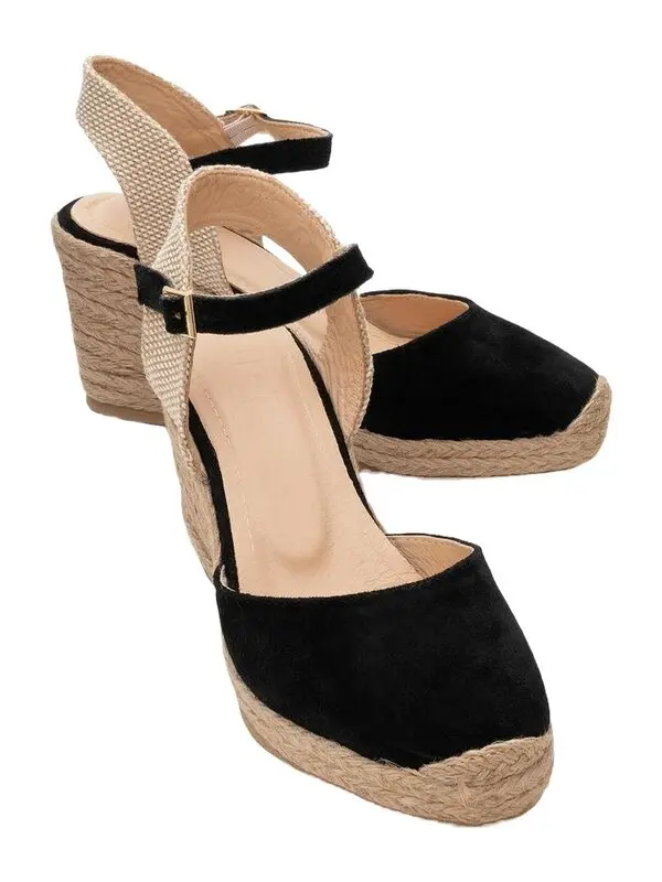FOREVER & ALWAYS SHOES Sinta Platform Espadrille Sandals - Black Suede Leather