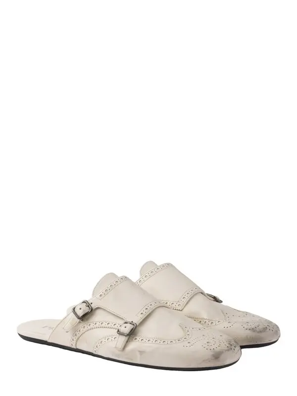 Prada Antiqued Leather Double Monk Strap Mules - Chalk White