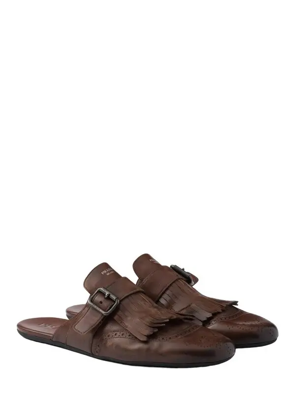 Prada Shuffle Antiqued Leather Mules - Brown