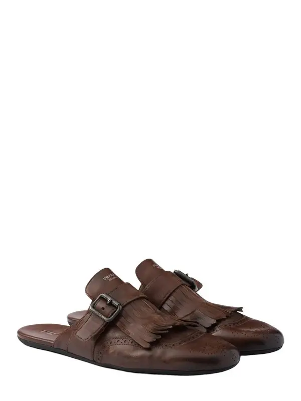 Prada Shuffle Antiqued Leather Mules With Buckled Strap - Cognac