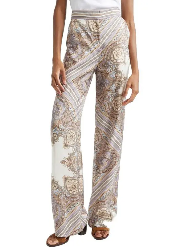 Veronica Beard Grigore Paisley Print Wide Leg Silk Trousers - Stone Khaki Multi
