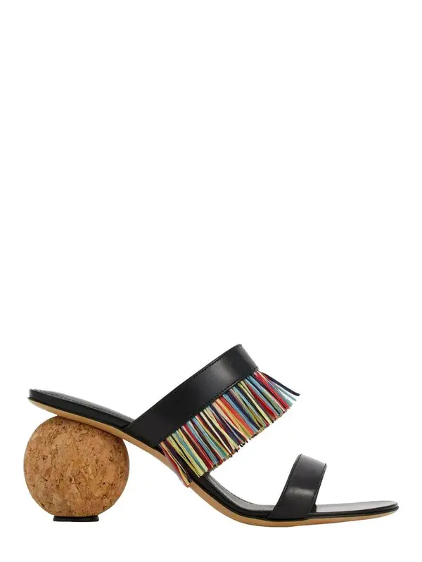FERRAGAMO 75mm Fringed Heel Sandals - Black