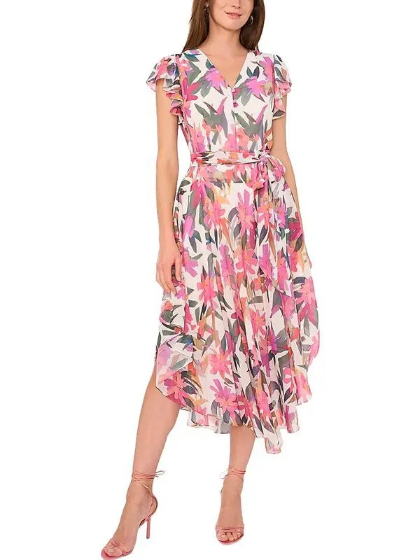Vince Camuto Floral Print Belted Dress - New Ivory