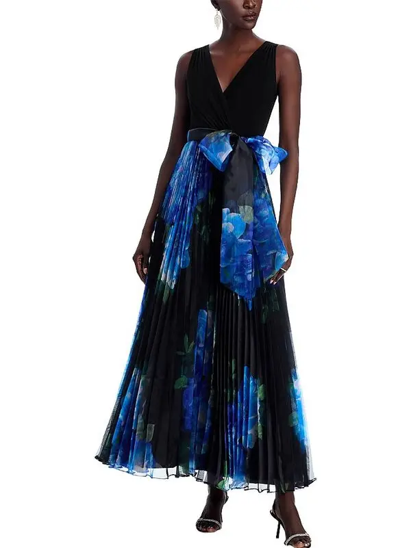 Eliza J Mixed Media V-neck Sleeveless Pleated Gown - Black Blue
