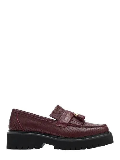 MARC NOLAN Leather Lug Tassel Loafer - Burgundy Crocskin