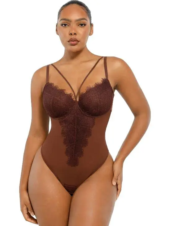 SHAPELLX Sheer Lace Mesh Bodysuit - Espresso