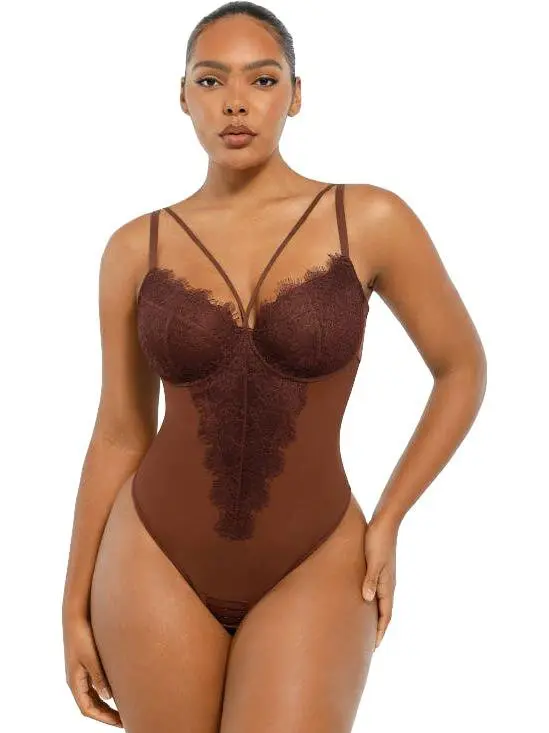 SHAPELLX Sheer Lace Mesh Bodysuit - Espresso