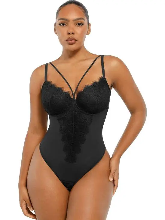 SHAPELLX Sheer Lace Mesh Bodysuit - Matte Black