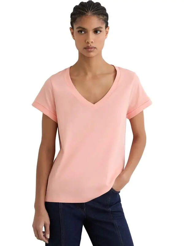REISS Luna Brushed-cotton V-neck T-shirt - Pink