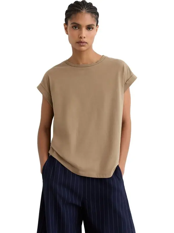 REISS Brushed Cotton Crew-neck T-shirt - Taupe Neutral