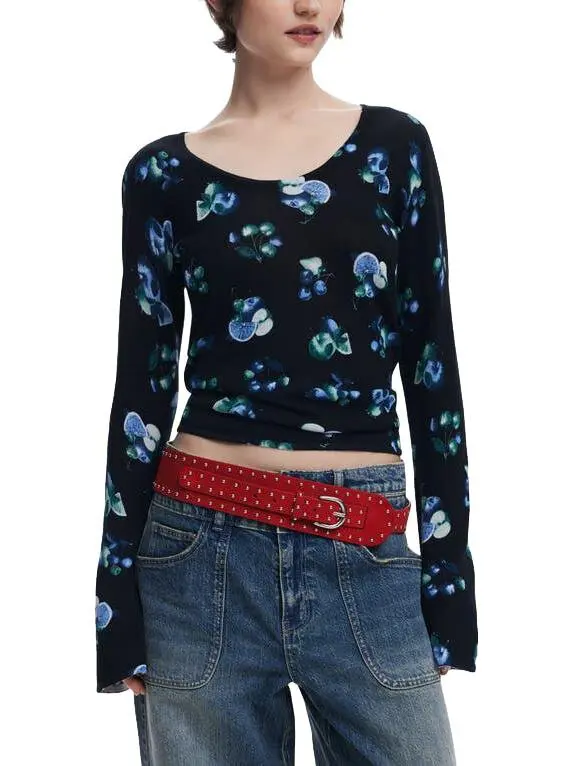 Desigual Printed Ribbed Top - Black