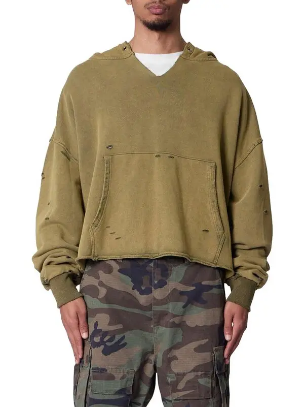 Mnml Destroyed V-neck Cotton Hoodie - Washed Olive