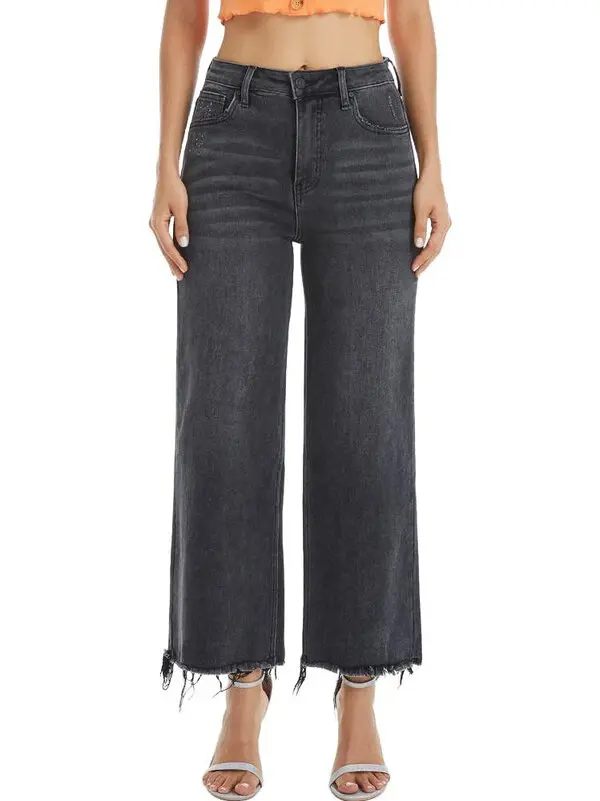 BAYEAS High-rise Fray Hem Wide Leg Ankle Jeans - Washed Black