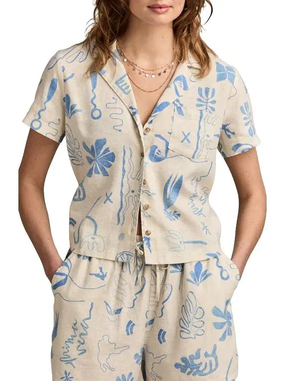 Lucky Brand Printed Linen Blend Camp Shirt - Blue Coral Print