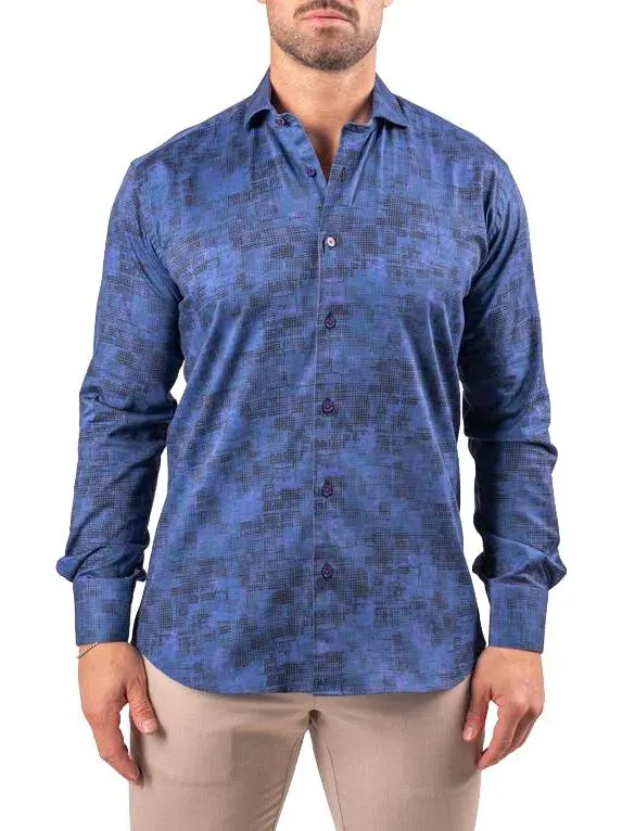 MACEOO Einstein Contemporary Fit Print Cotton Button-up Shirt - Blue