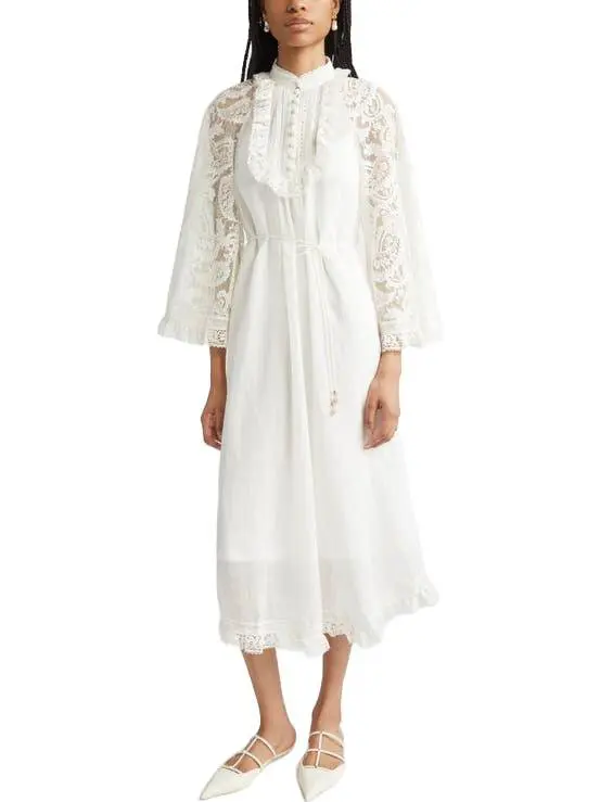 Zimmermann Ascension Lace Trim Tie Waist Midi Dress - Cream