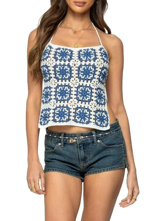 EDIKTED Crochet Naia Top - Blue-and-white