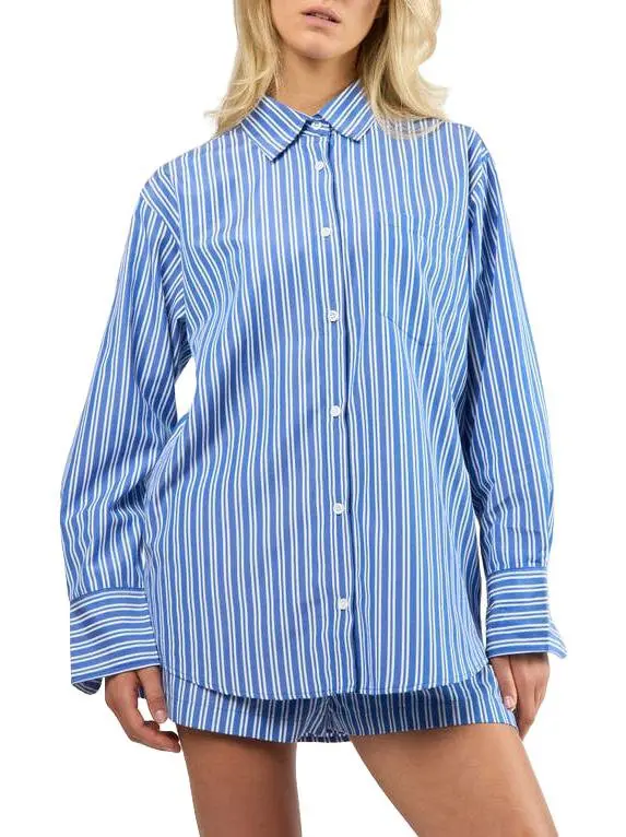 VIENS AVEC MOI Striped Cotton Blend Button-up Shirt - Blue