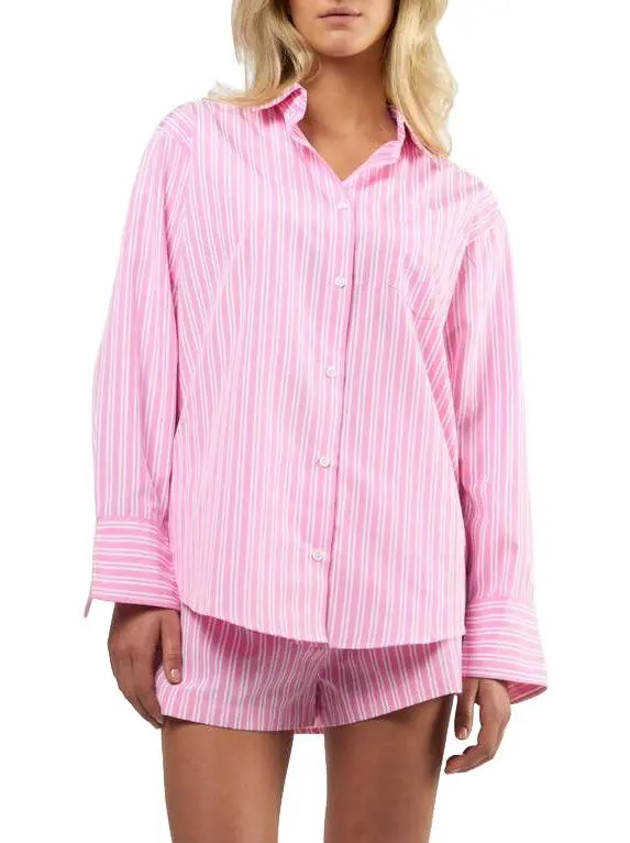 VIENS AVEC MOI Striped Cotton Blend Button-up Shirt - Pink