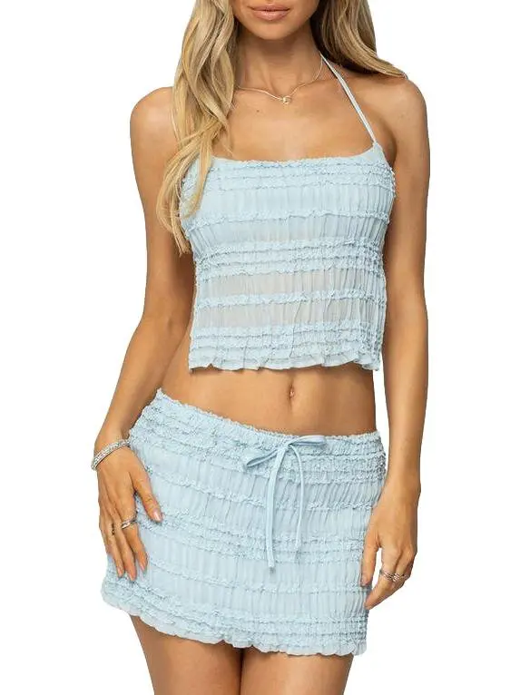 EDIKTED Mari Ruffle Chiffon Tie Back Crop Halter Top - Light-blue