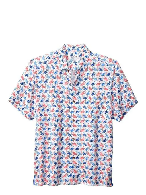 Tommy Bahama Veracruz Cay Flamingo Mingle Short Sleeve Button-up Shirt - White