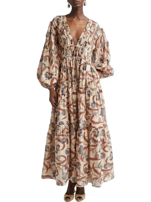 Zimmermann Ascension Tie Billow Long Sleeve Tiered Maxi Dress - Blue Indienne Floral