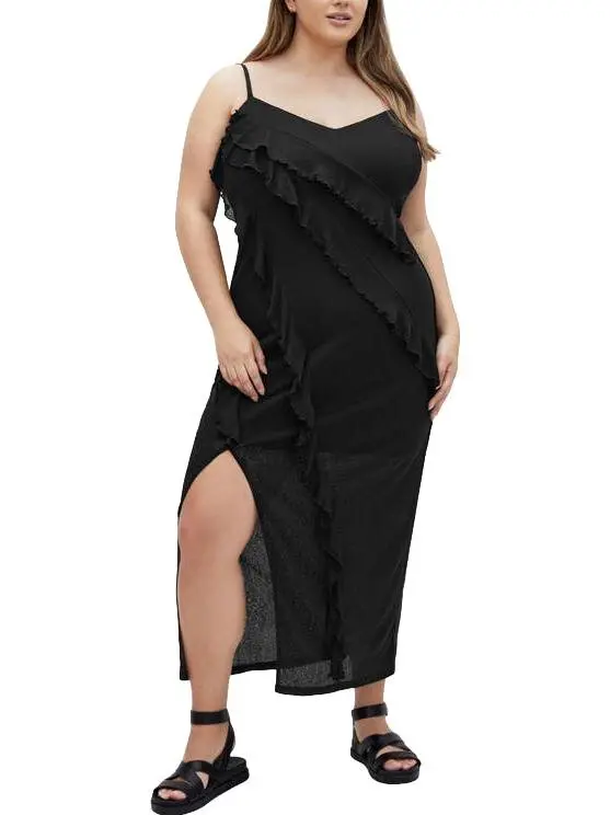 City Chic Shelby Ruffle Maxi Slipdress - Black