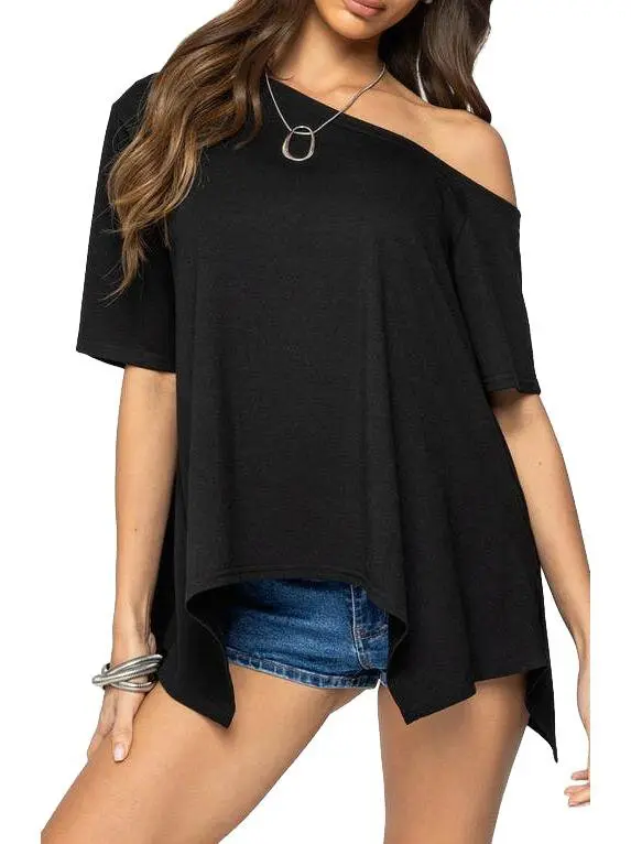 EDIKTED One-shoulder Handkerchief Hem Knit Top - Black
