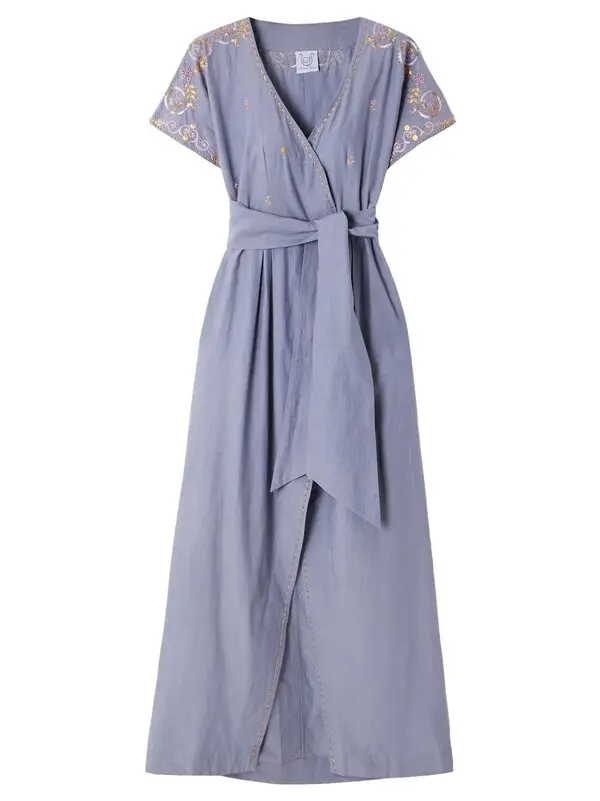 Thierry Colson Embroidered Cotton And Silk-blend Wrap Maxi Dress - Blue