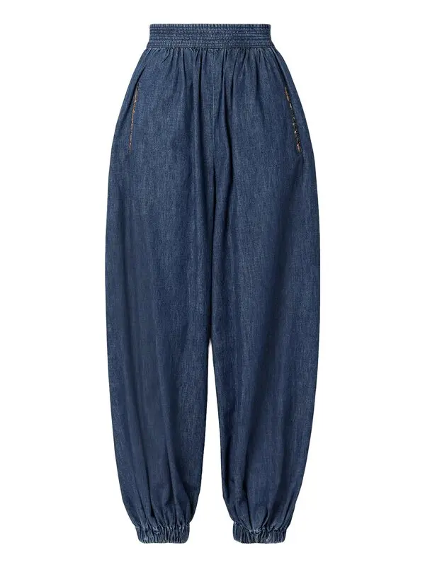Valentino Garavani Embroidered Chambray Tapered Pants - Blue