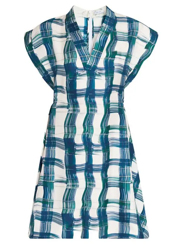 FERRAGAMO Brushstroke Check Short Silk Dress - New Navym